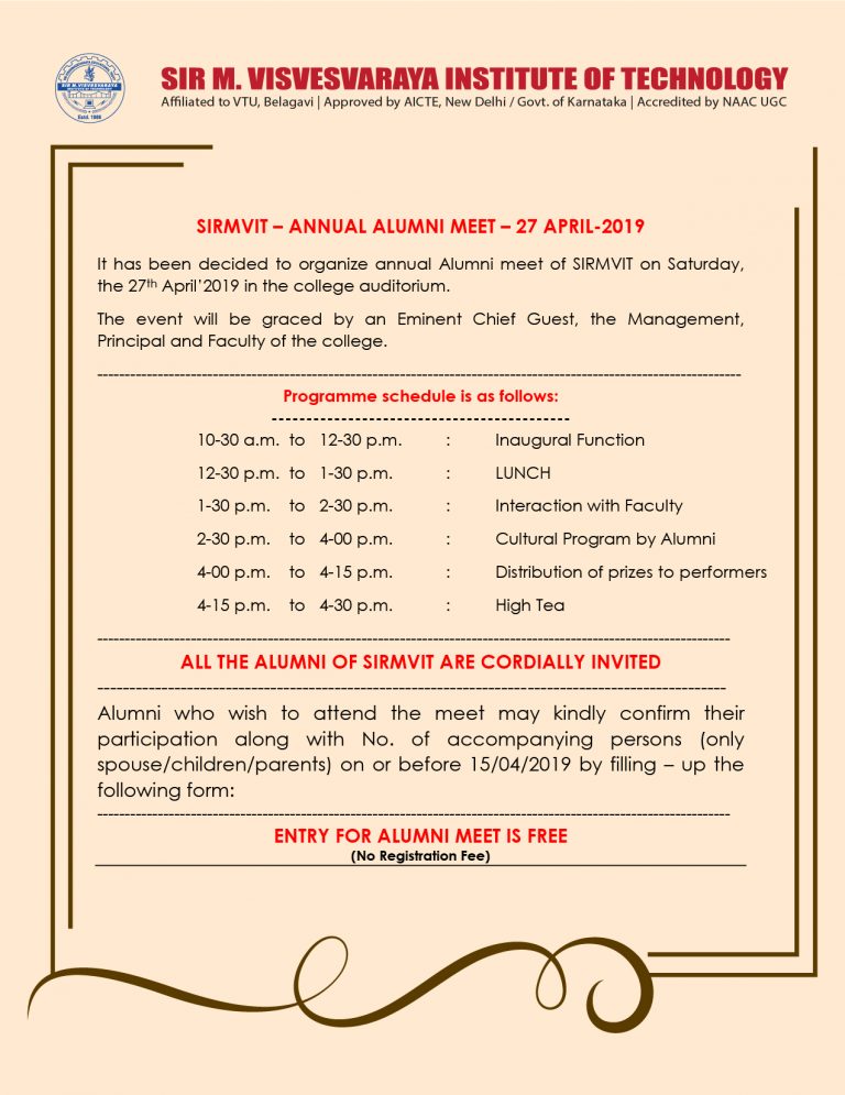 SIRMVIT – Annual Alumni Meet: 27 April – 2019 – Sir M Visvesvaraya ...